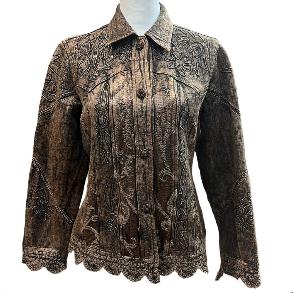 Vintage Flashback Embroidered Coated Jacket Lace Hem … - Gem